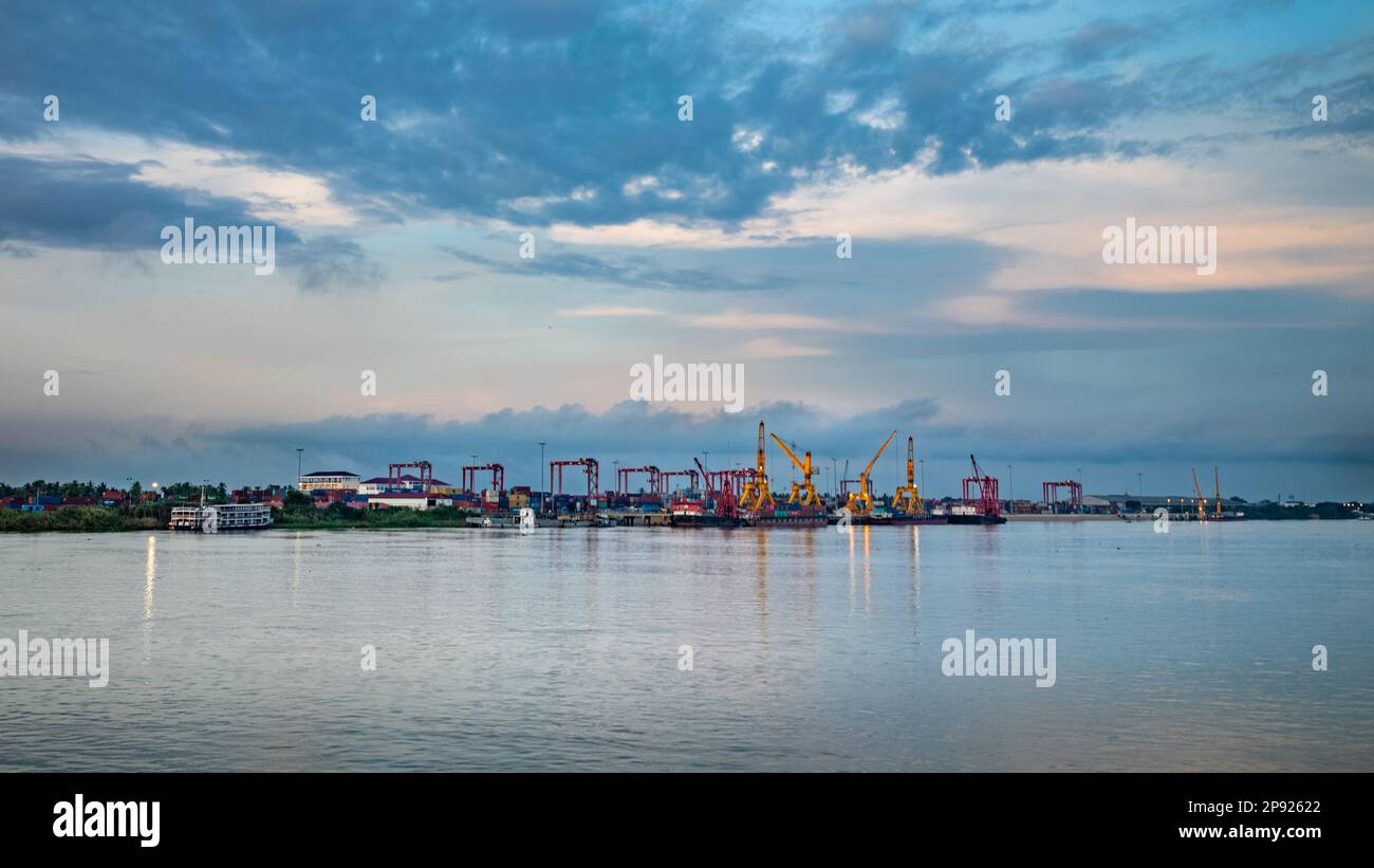 A wide view of Phnom Penh container port in Cambodia taken from mid ...