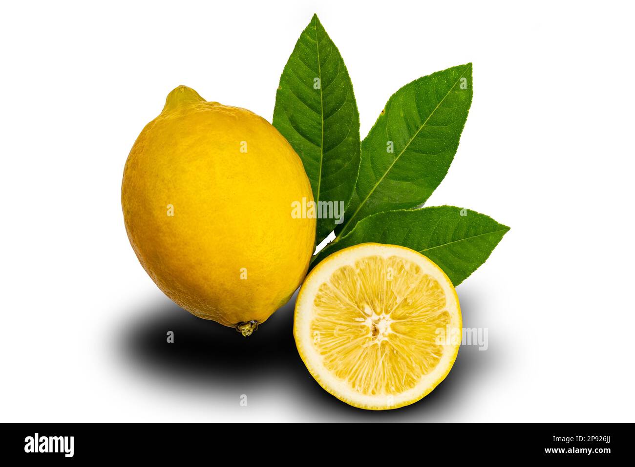 Lemon whole and half with leaves isolated on white background with ...