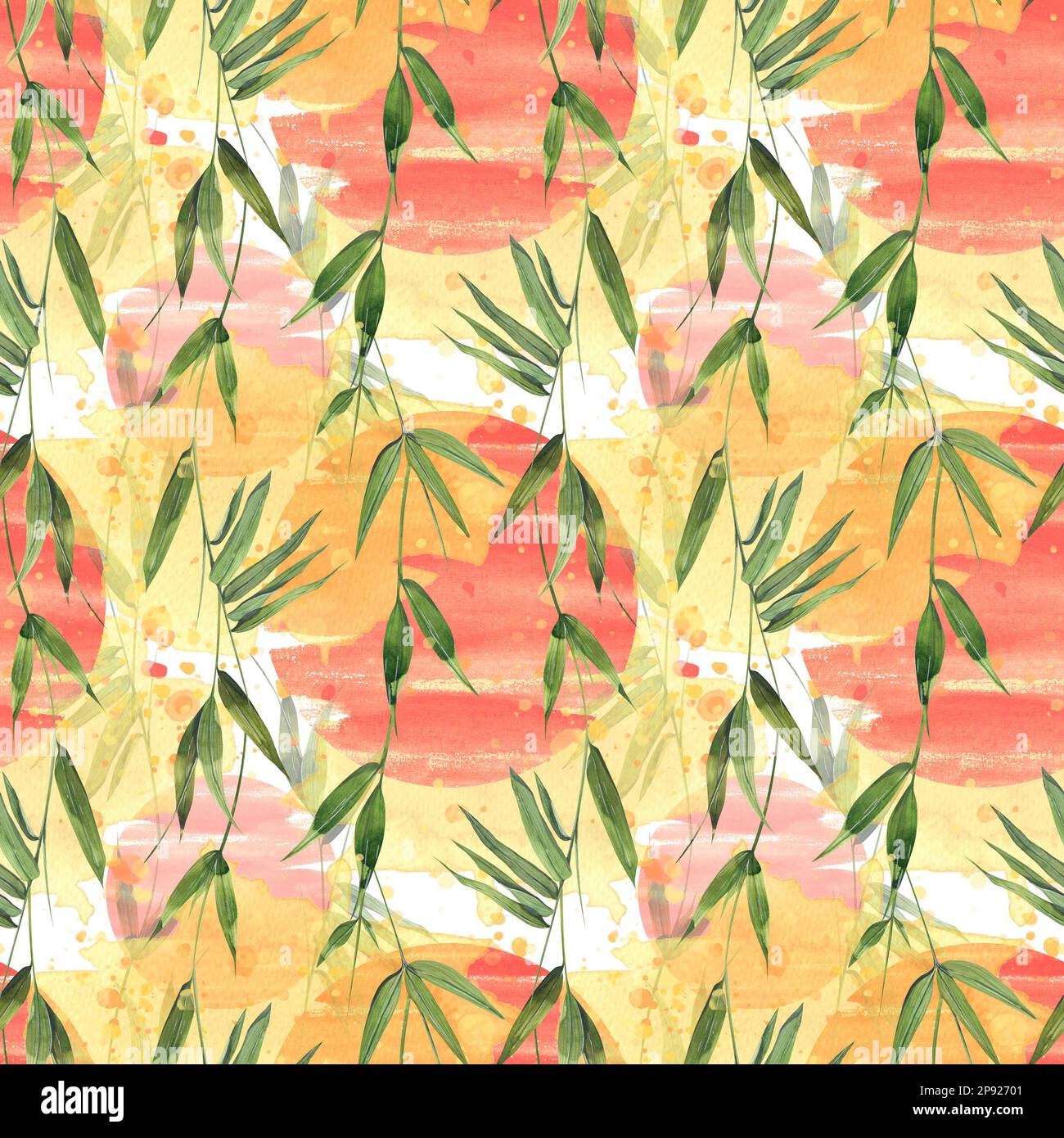 Eastern, red sun in bamboo leaves with yellow spots and splashes of ...