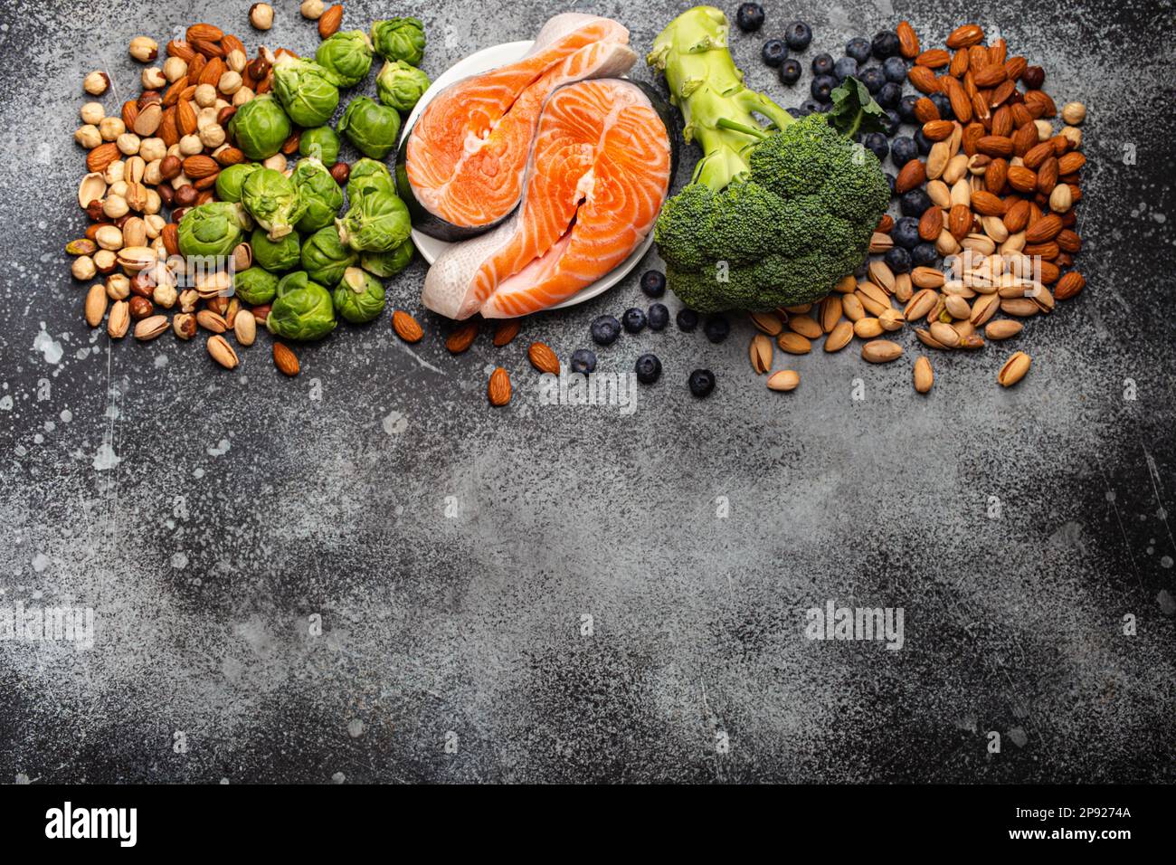 Assorted food for brain health and good memory: fresh salmon ...