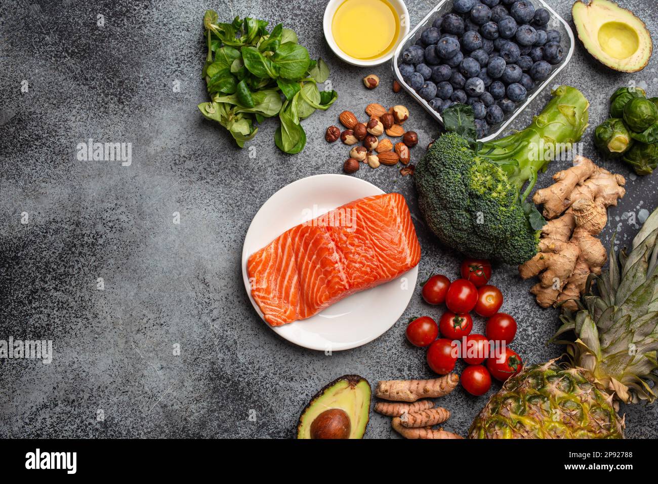 Anti inflammatory diet concept. Set of foods that help to reduce ...