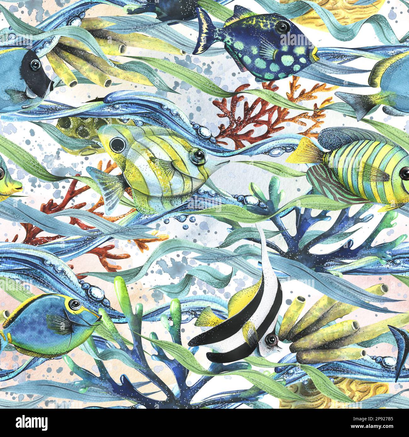 Coral reefs with algae, waves of water, fish, sea sponges, bubbles ...