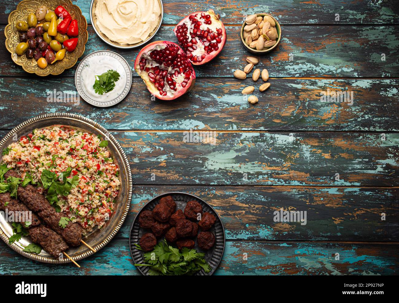 Various Turkish dishes: meat kebab with tabbouleh salad, falafel ...