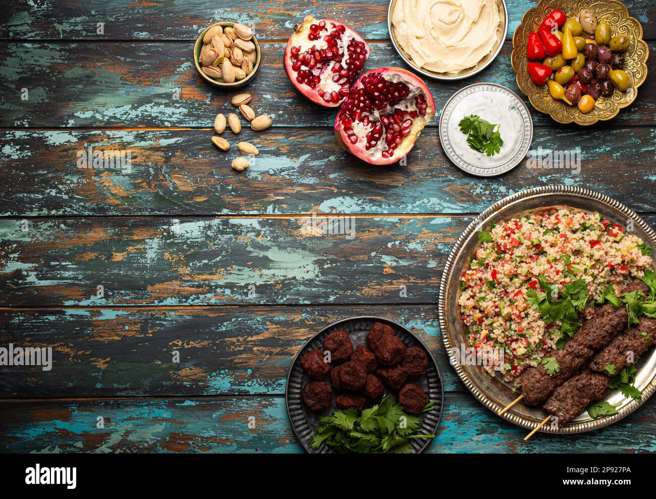 Various Turkish dishes: meat kebab with tabbouleh salad, falafel ...