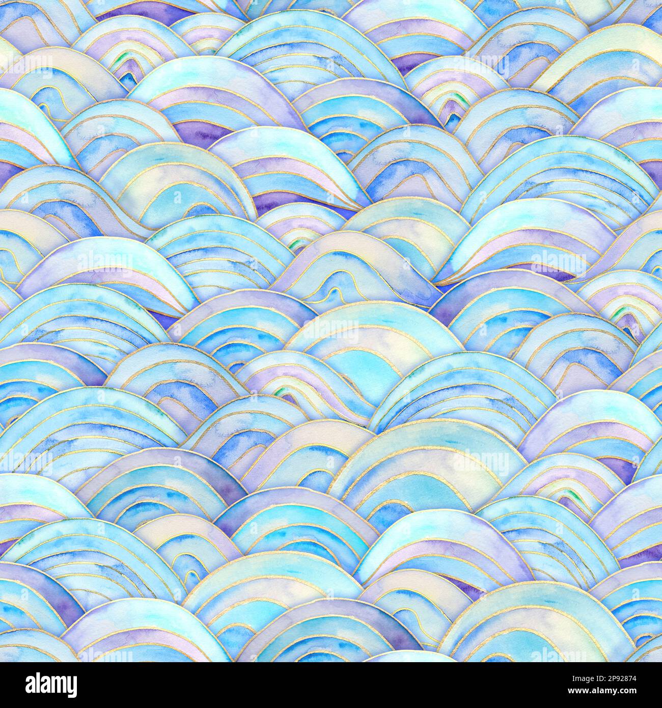 Sea waves magic seamless pattern. Watercolor hand drawn blue teal ...