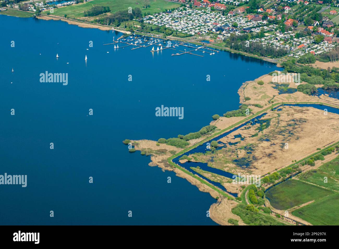 Aerial view of Lake Duemmer with reed zone and sailing harbour, inland ...