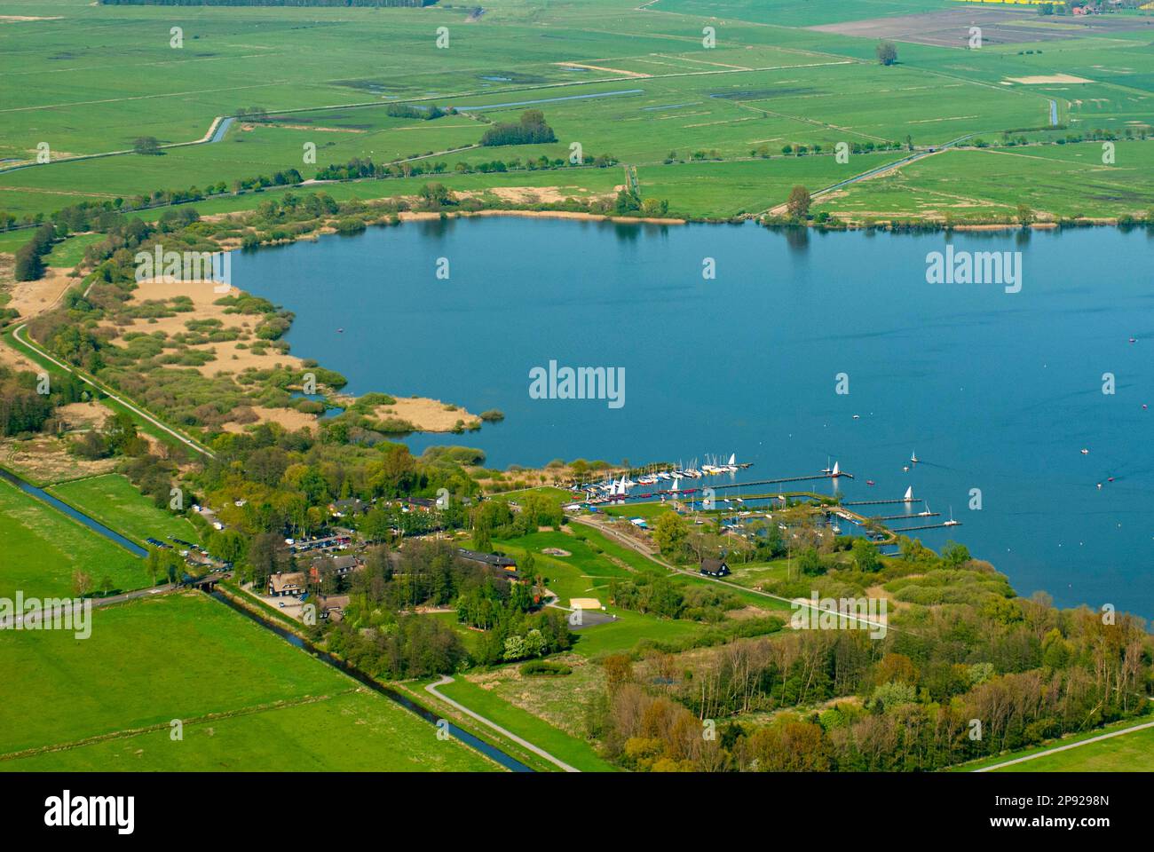 Aerial photograph of Lake Duemmer with reed zone, inland lake, aerial ...