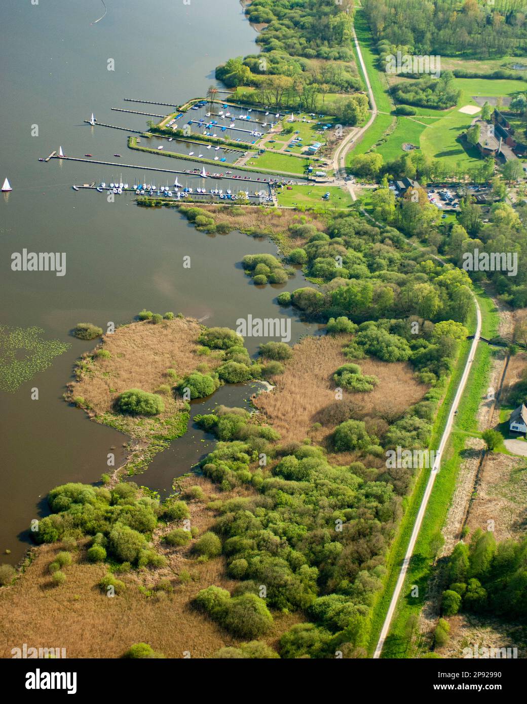 Aerial photograph of Lake Duemmer with reed zone, inland lake, aerial ...