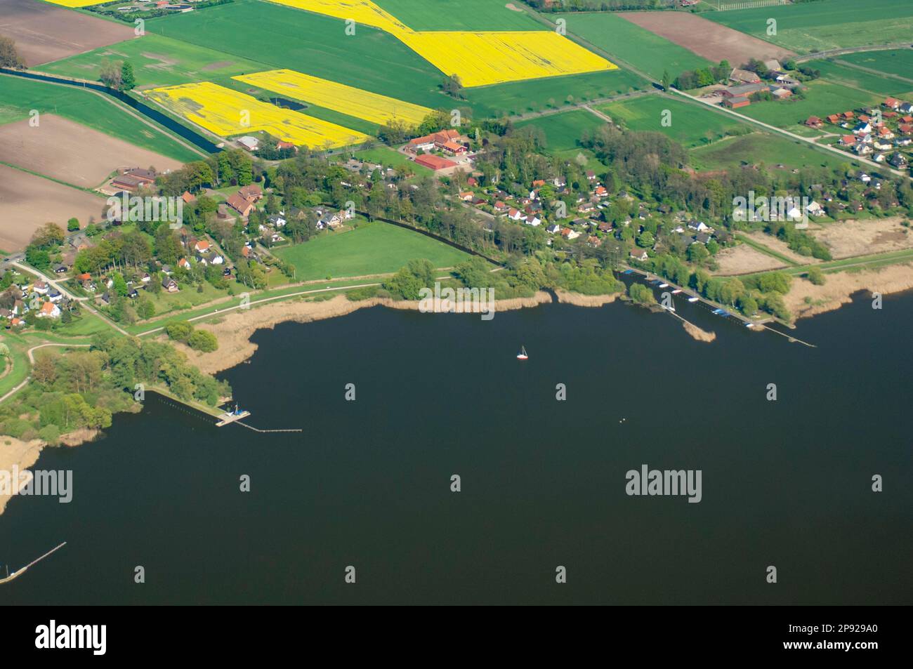 Aerial photograph of Lake Duemmer with reed zone, inland lake, aerial ...