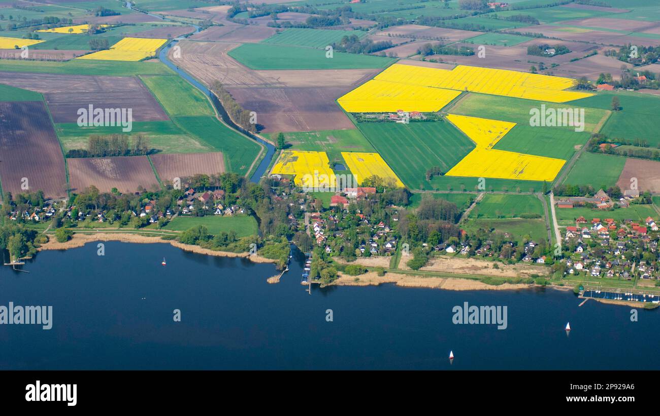 Aerial photograph of Lake Duemmer with reed zone, inland lake, aerial ...
