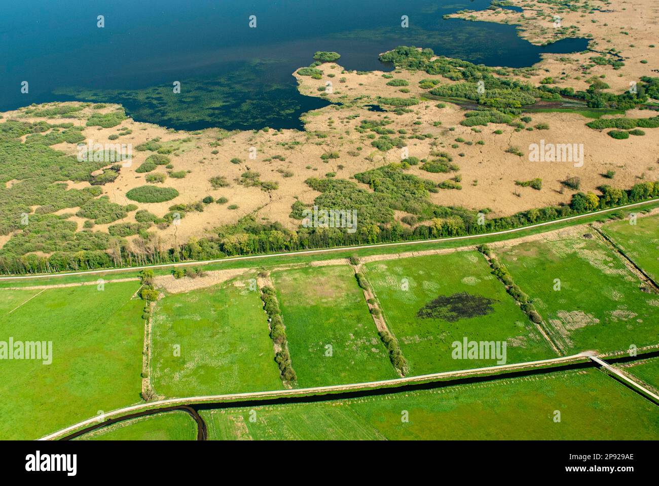 Aerial photograph of Lake Duemmer with reed zone, river, Hunte, inland ...