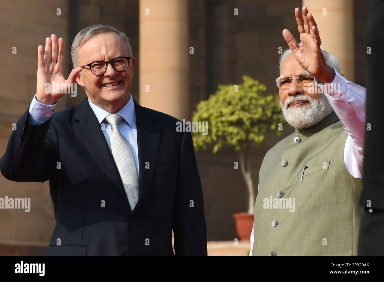 New Delhi, India. 10th Mar, 2023. Indian Prime Minister NARENDRA MODI welcomes his Australian ...
