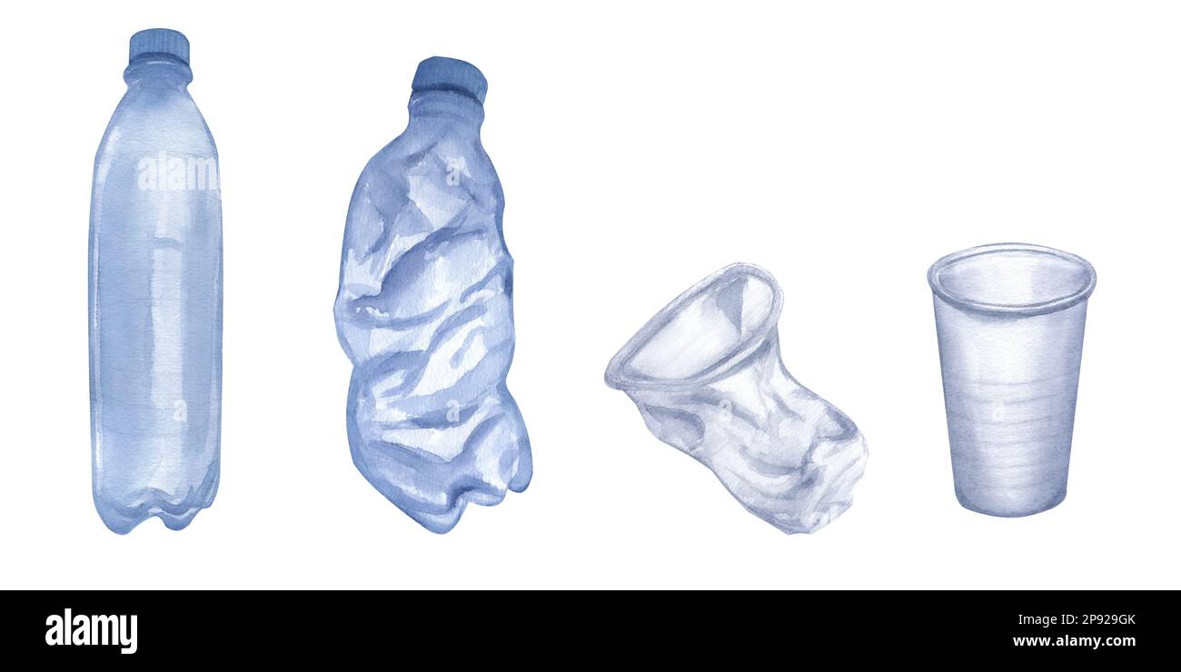 Plastic trash. Disposable blue transparent bottles and cups. Hand-drawn ...
