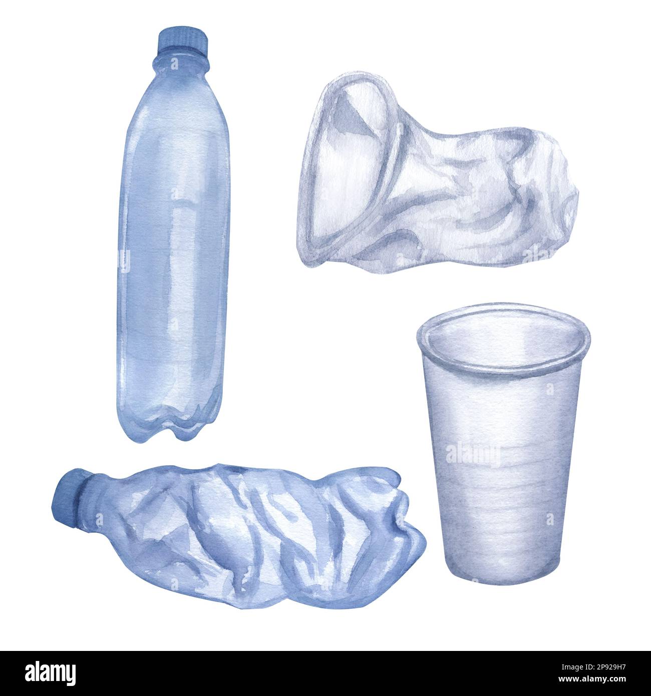 Plastic trash. Disposable blue transparent bottles and cups. Hand-drawn ...