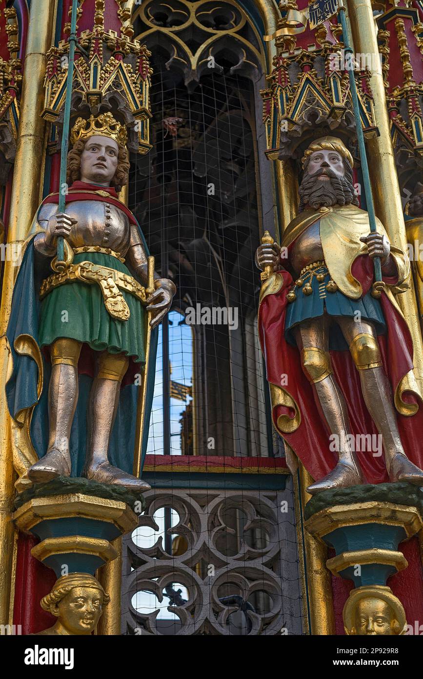 Figures at the Beautiful Fountain: on the left Alexander the Great, on ...