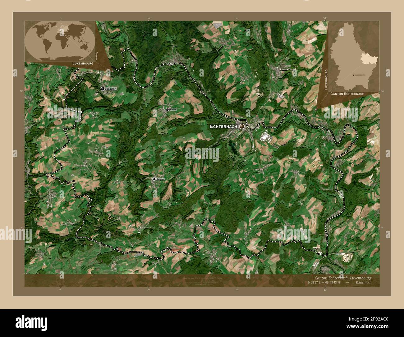 Canton Echternach, canton of Luxembourg. Low resolution satellite map ...