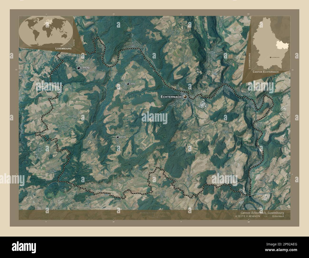 Canton Echternach, canton of Luxembourg. High resolution satellite map ...