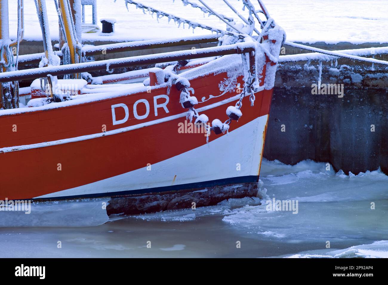 Bow of a crab cutter in the harbour of Dorum Neufeld, district of ...