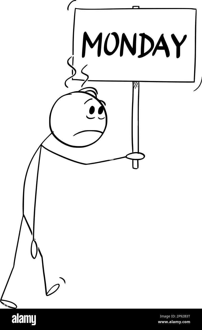 Depressed Person with Monday Sign, Vector Cartoon Stick Figure ...