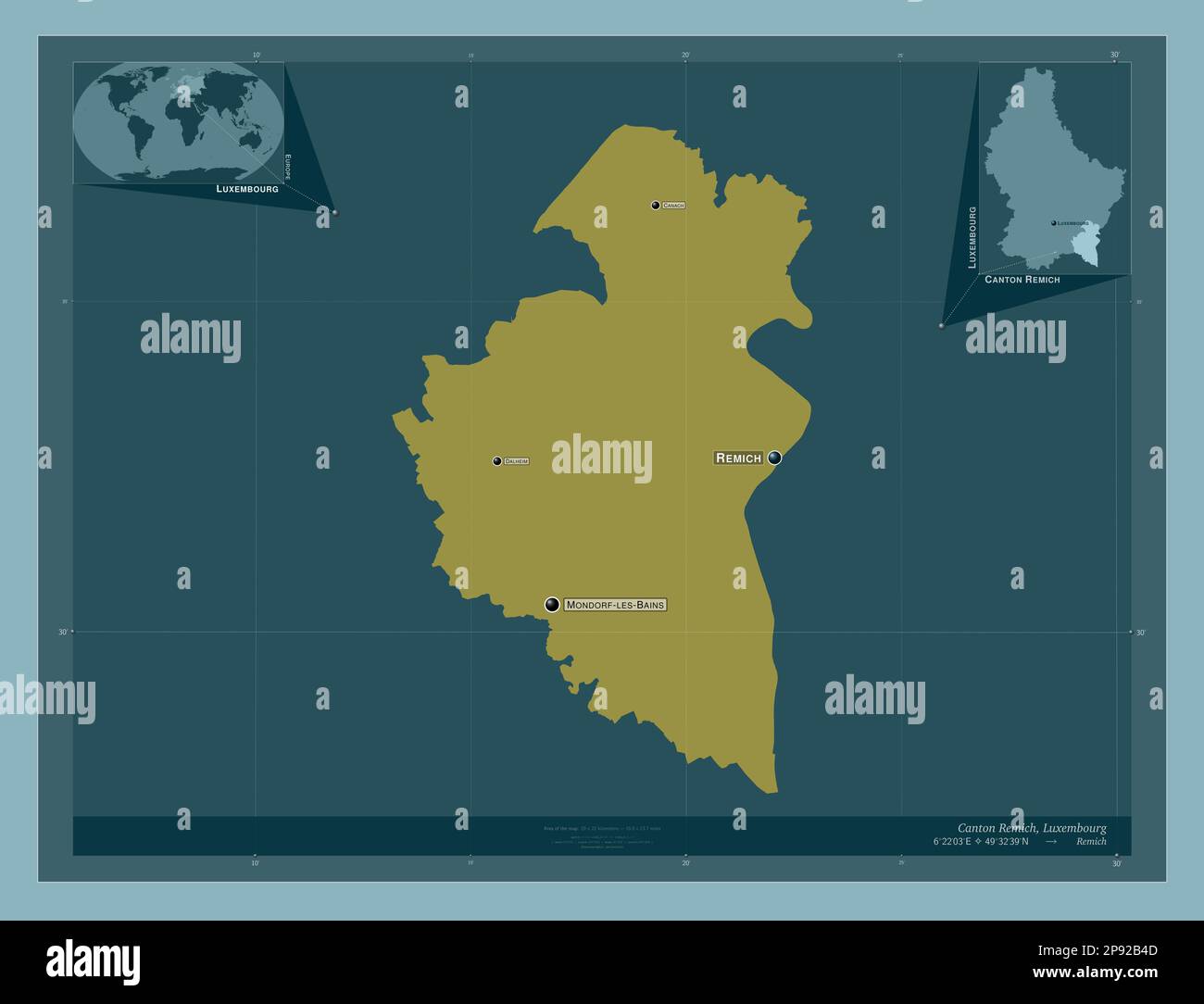 Canton Remich, canton of Luxembourg. Solid color shape. Locations and ...