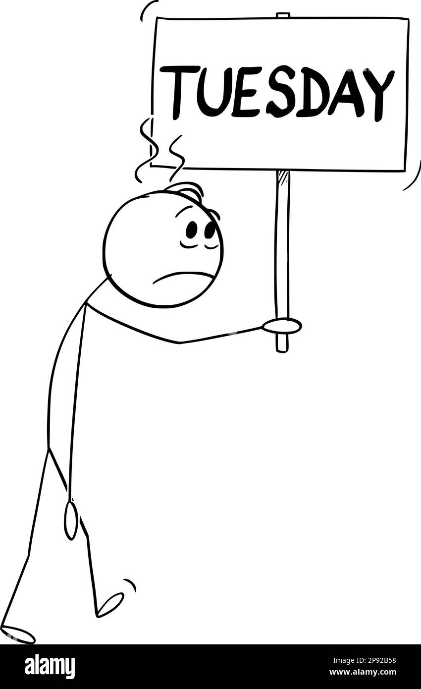 Depressed Person with Tuesday Sign, Vector Cartoon Stick Figure ...