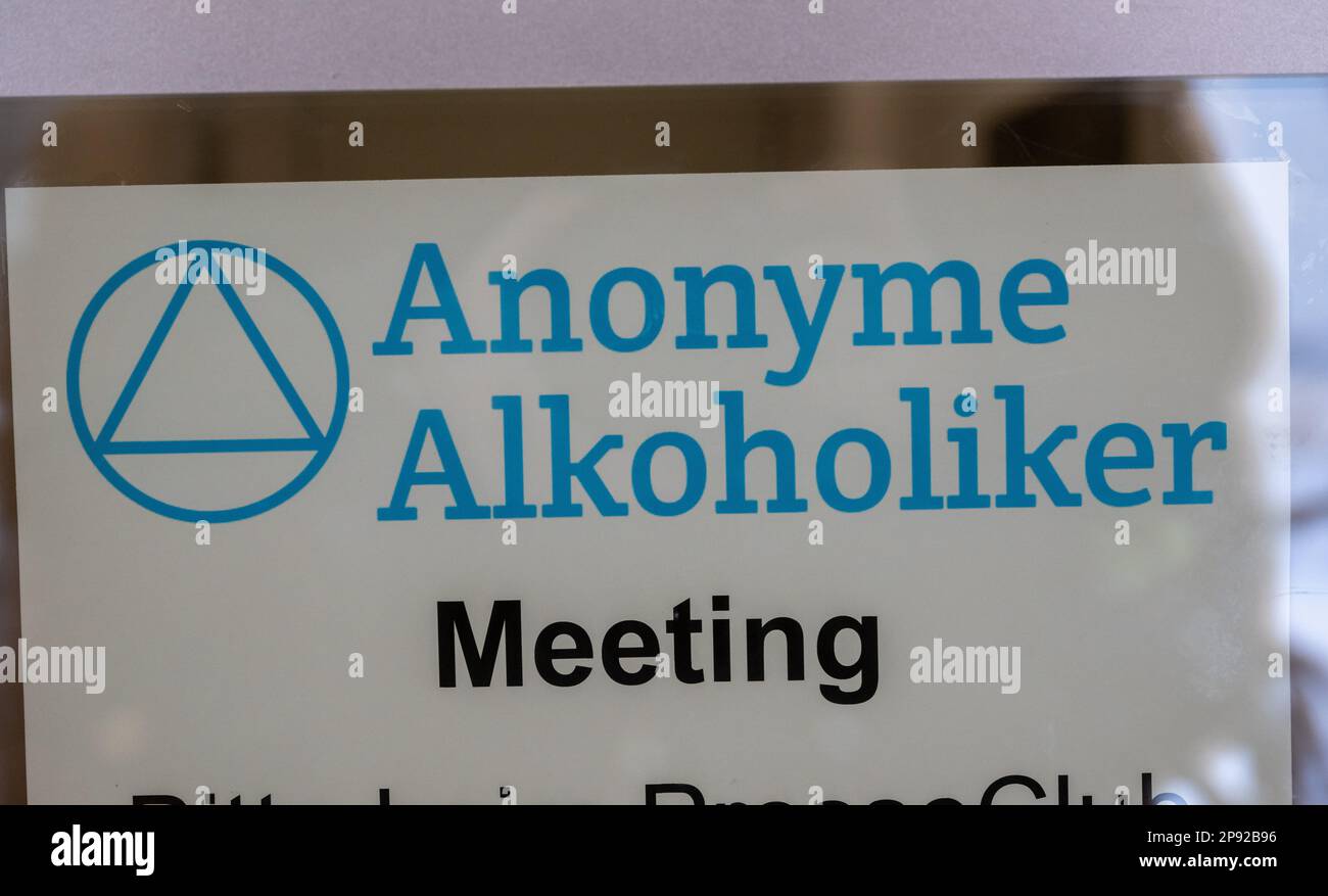 Munich, Germany. 10th Mar, 2023. A sign reading "Alcoholics Anonymous ...