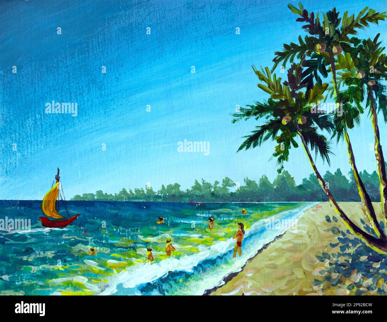 Painting with acrylic paints Beautiful summer sea azure ocean shore ...