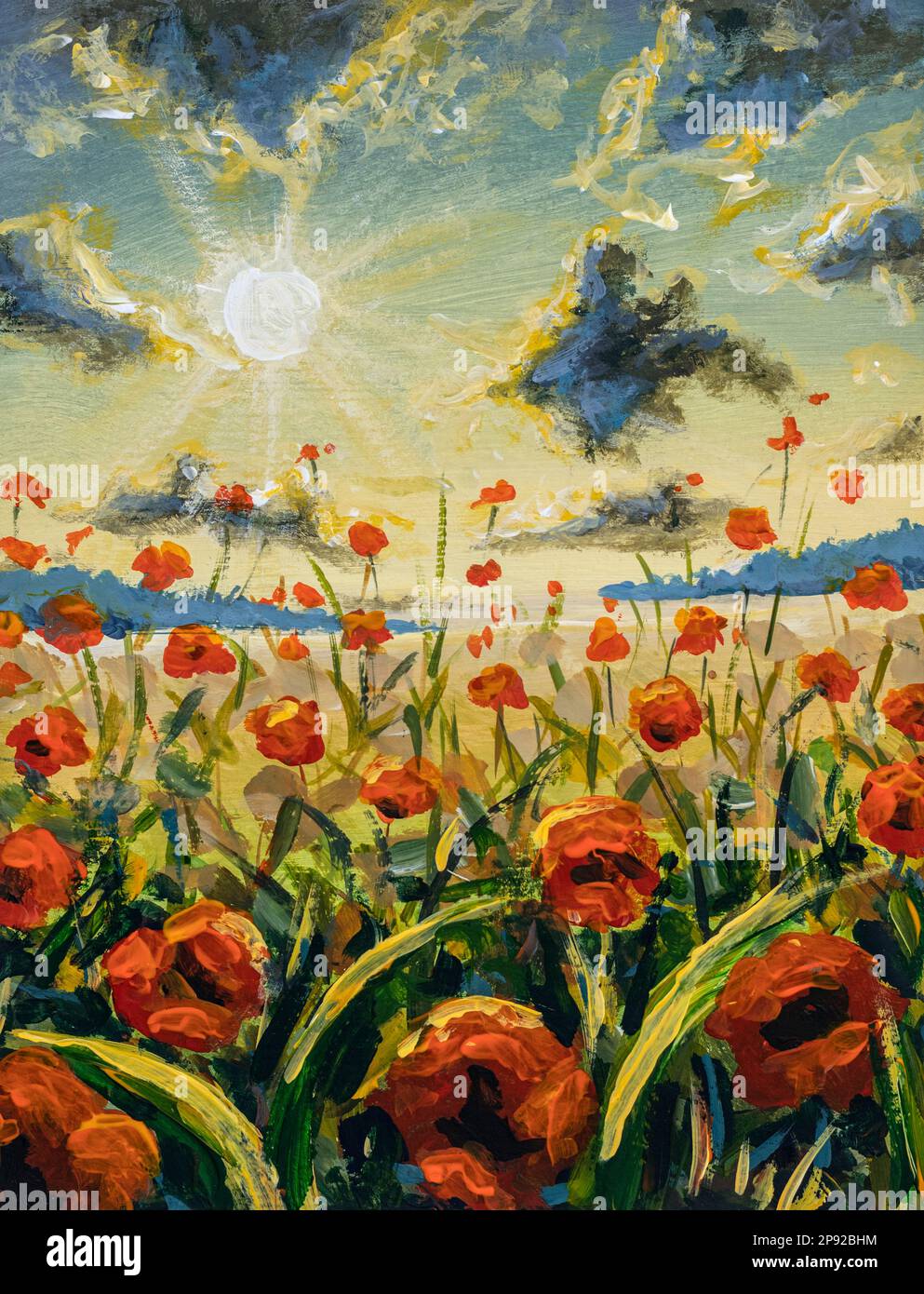 Original flower painting landscape A field of red poppies at sunrise ...