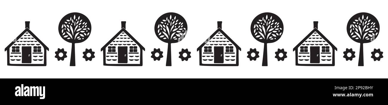 Monochrome woodland village bordure, edging of woodland cottage trim ...