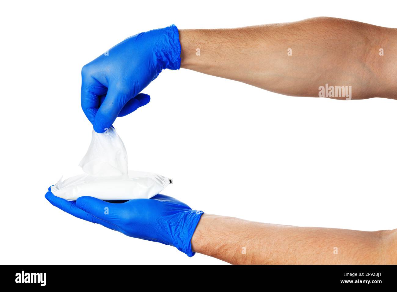 Hand with blue gloves takes a white cloth Stock Photo - Alamy