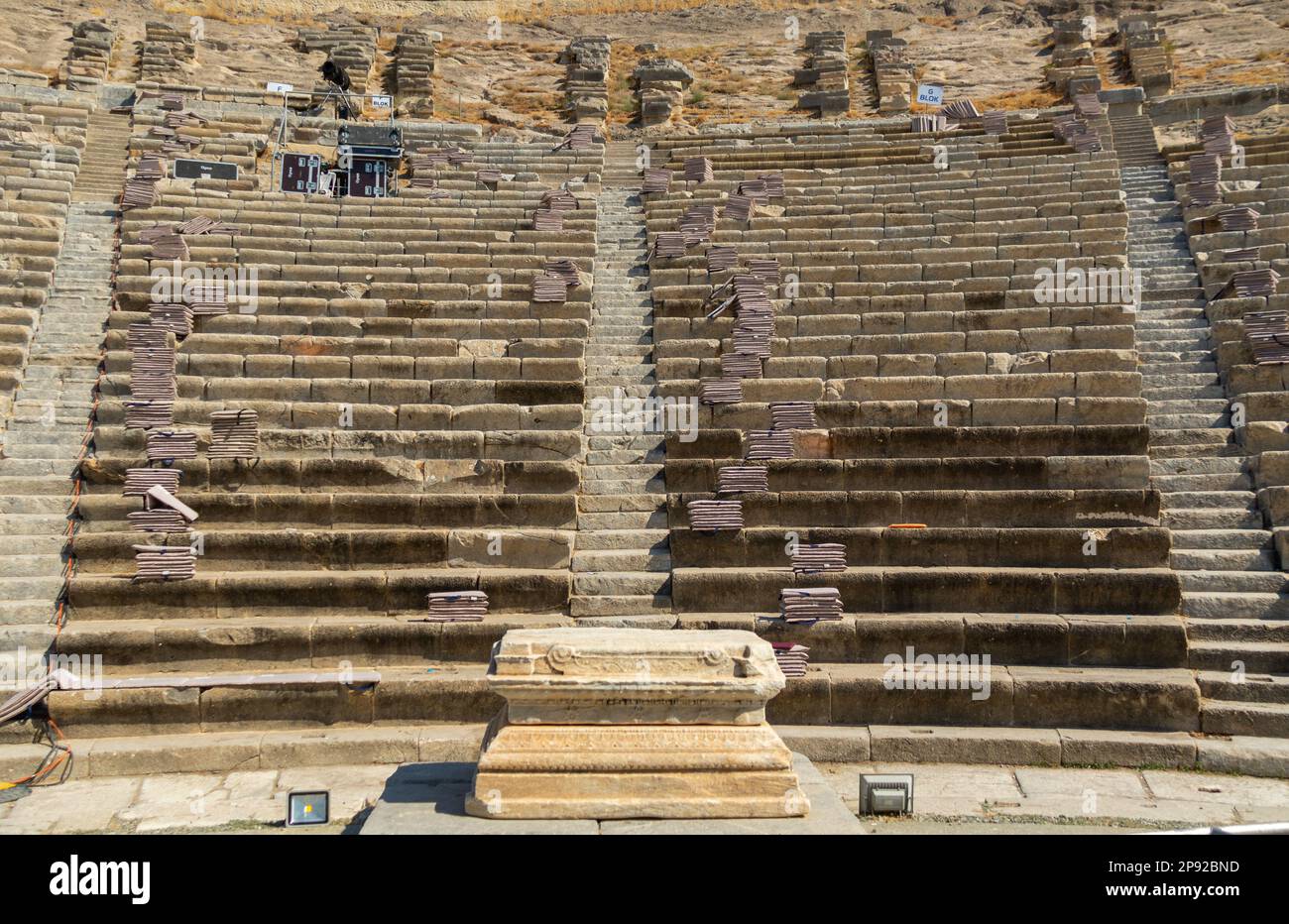 Bodrum amphitheatre rows of seats with alter Stock Photo - Alamy
