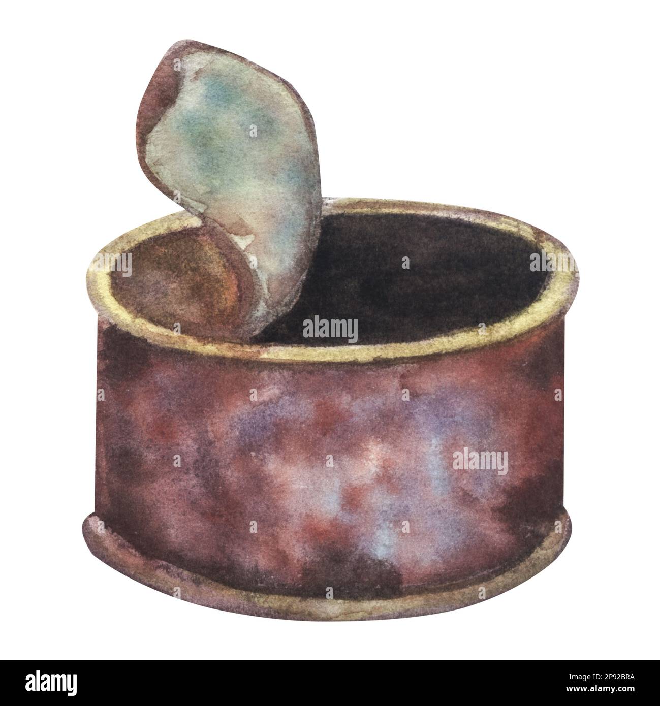 Open rusty tin can. Without food. Tin trash. Hand-drawn watercolor ...