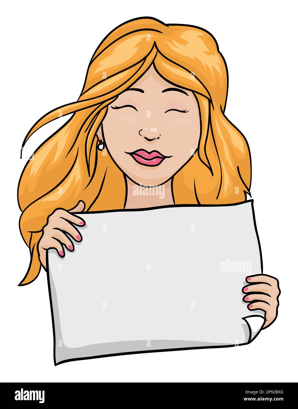Pretty blonde woman with long hair holding a blank paper in her hands ...