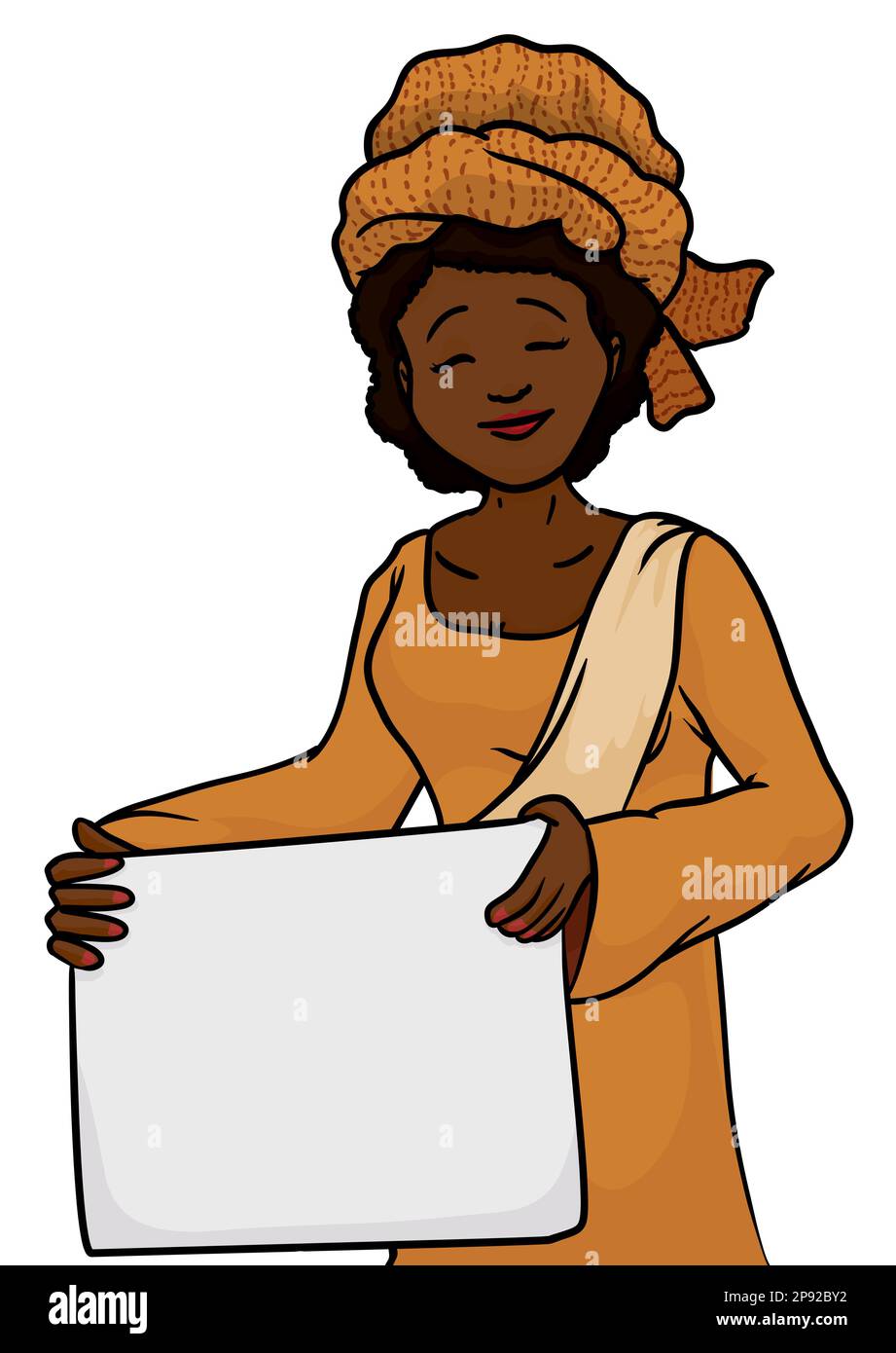 Template with dark-skinned woman wearing long dress, sash and turban ...