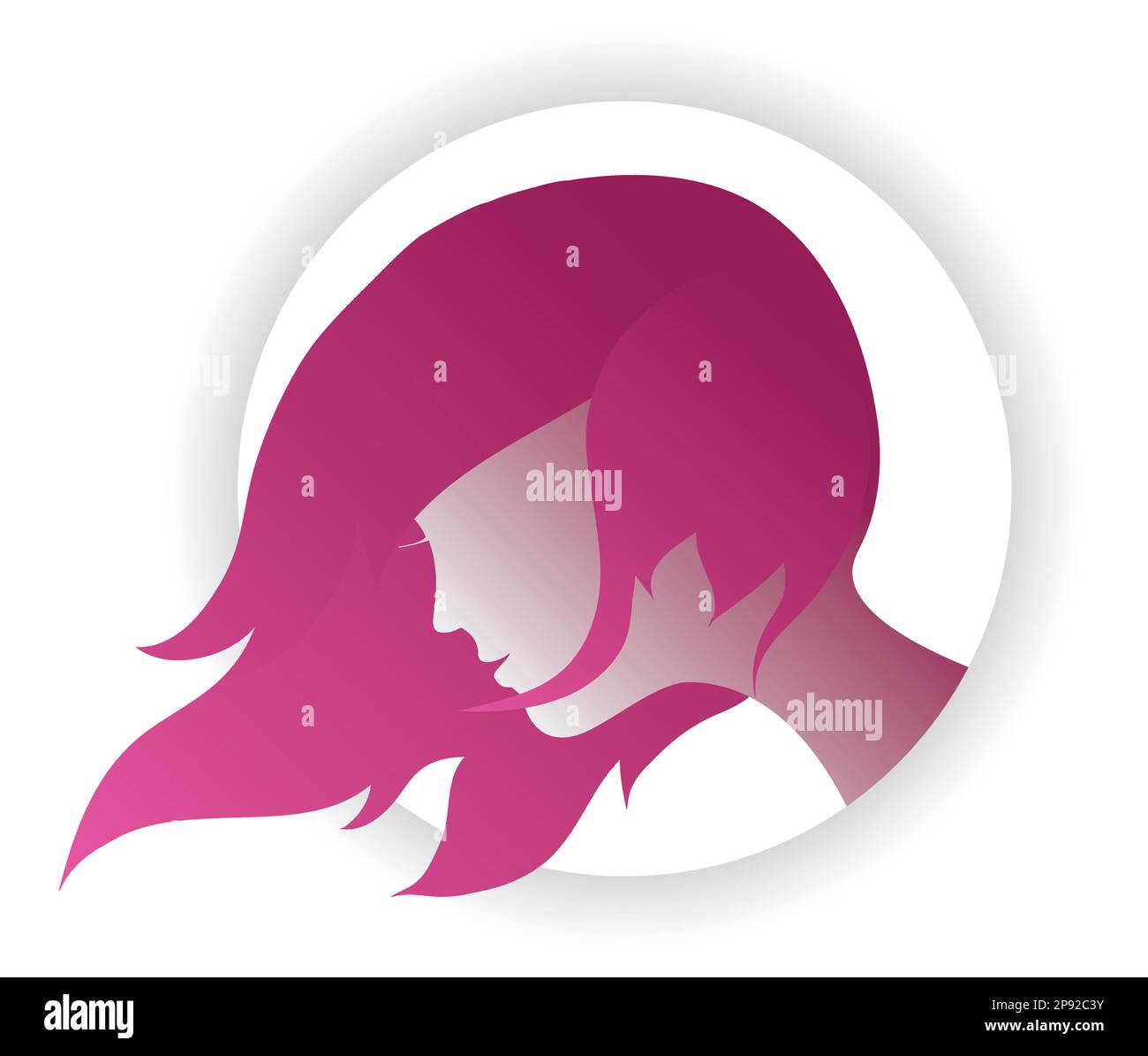 Silhouette of woman's head with long pink hair inside round button ...