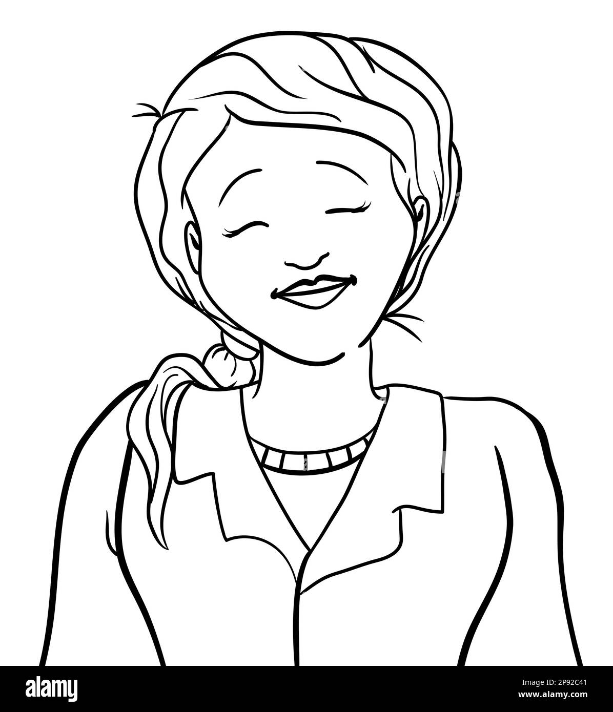 Happy woman with ponytail and lab coat, like scientist or doctor ...