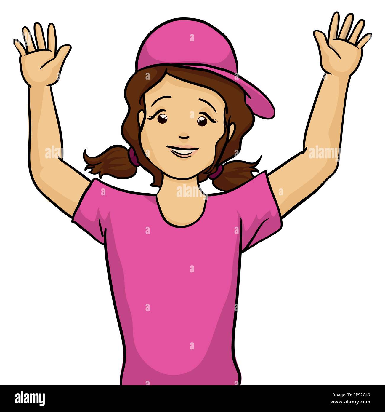 Portrait of a happy and pretty girl with pigtails, cap and raised hands ...
