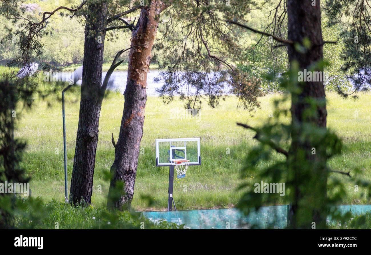 Basketball hoop in the field between trees and blue water background ...