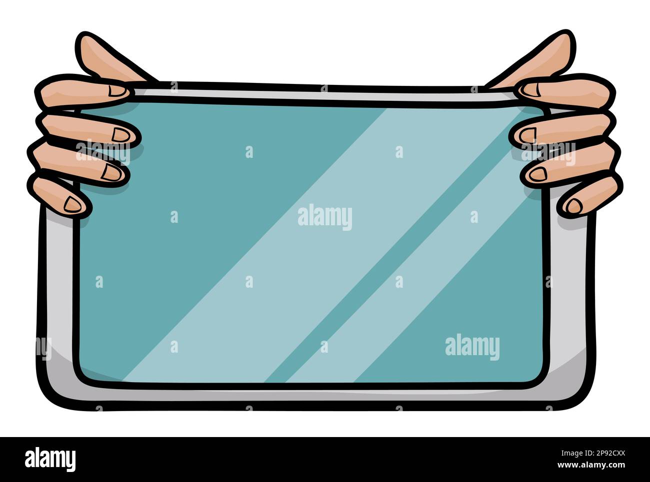 Hands holding tablet with blank screen. Template design in cartoon ...