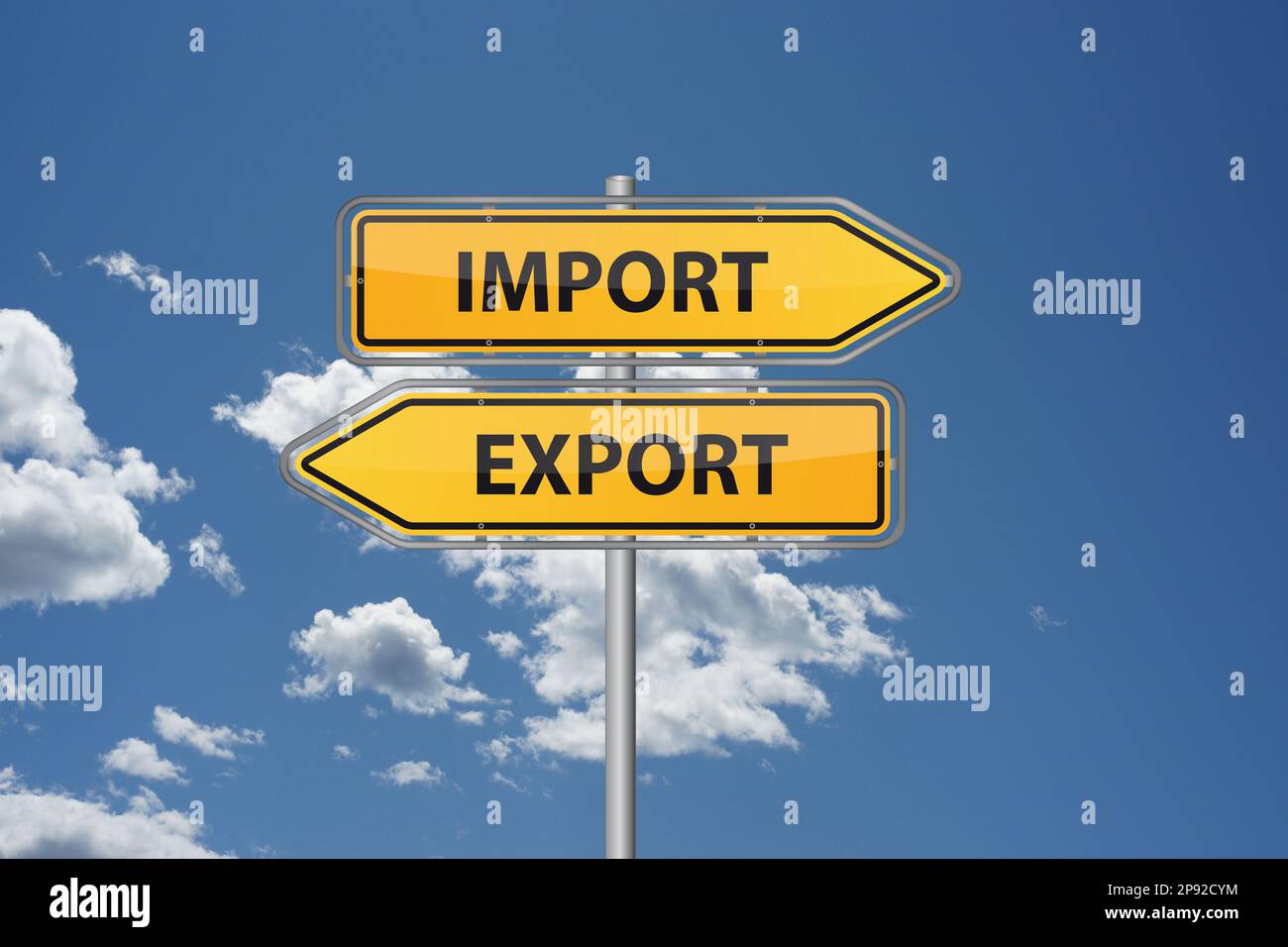 Import export buttons onyellow arrows in front of blue sky - trade Stock Photo - Alamy