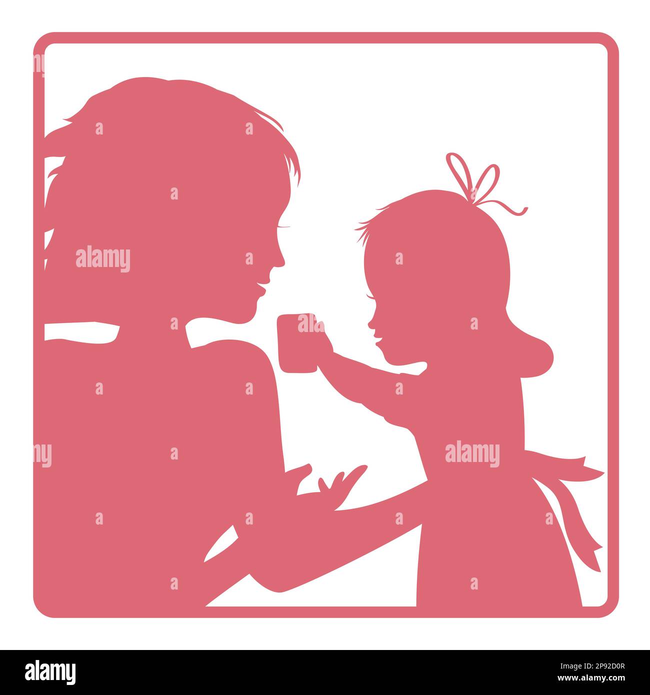 Tender scene in pink silhouettes of mother with little daughter giving ...