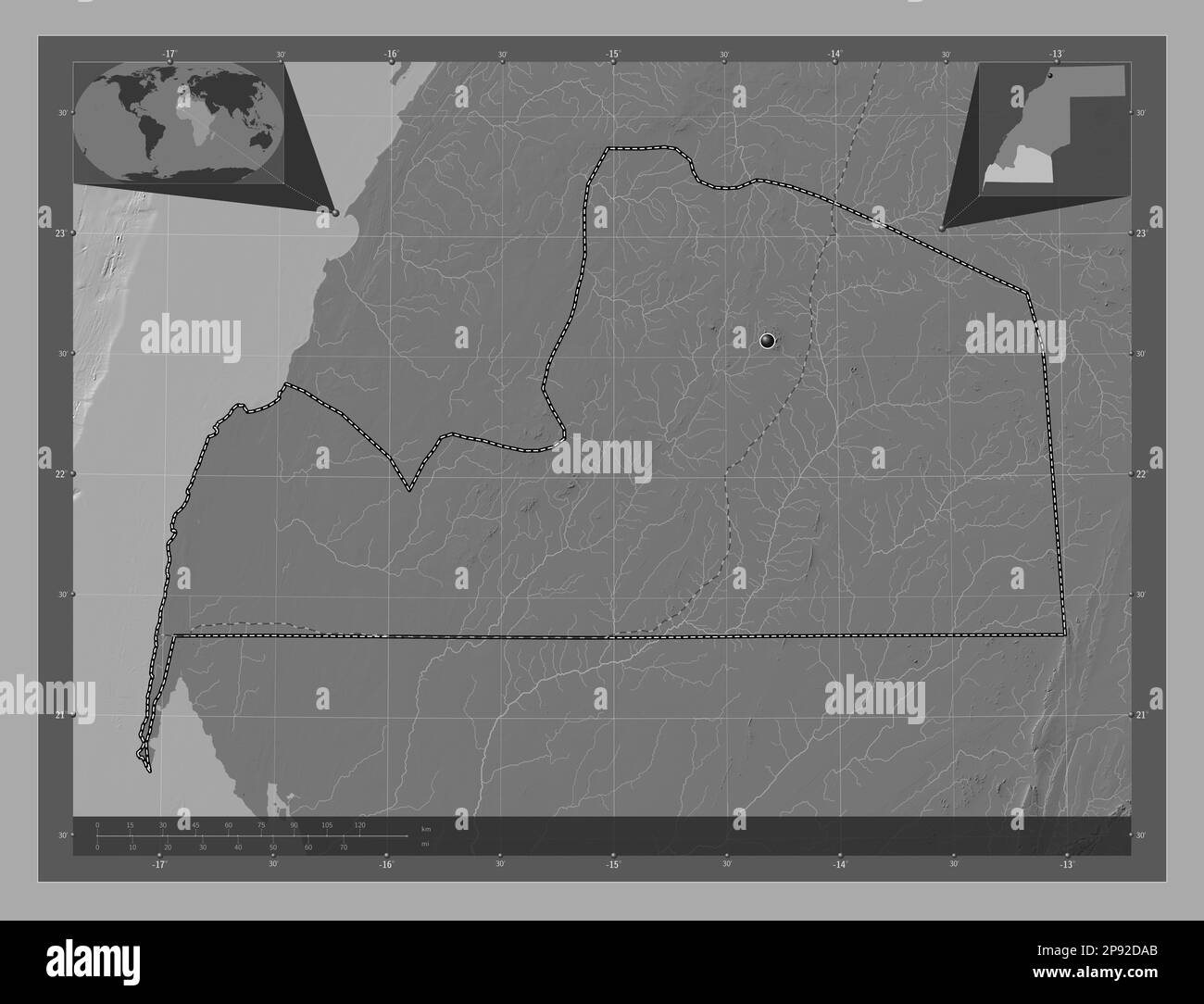 Aousserd, province of Western Sahara. Bilevel elevation map with lakes ...