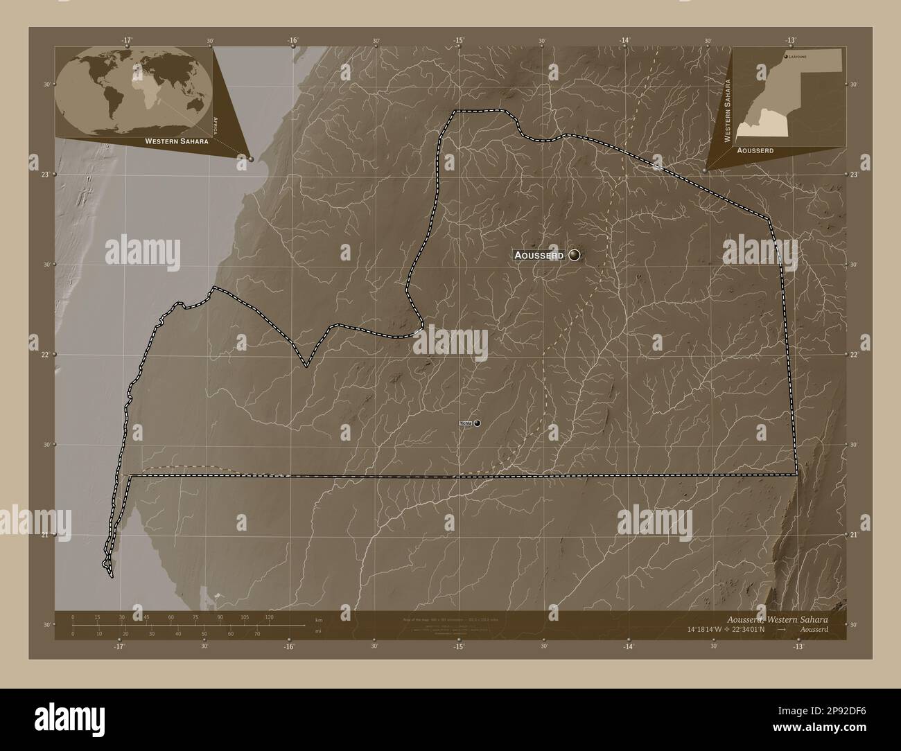 Aousserd, province of Western Sahara. Elevation map colored in sepia ...