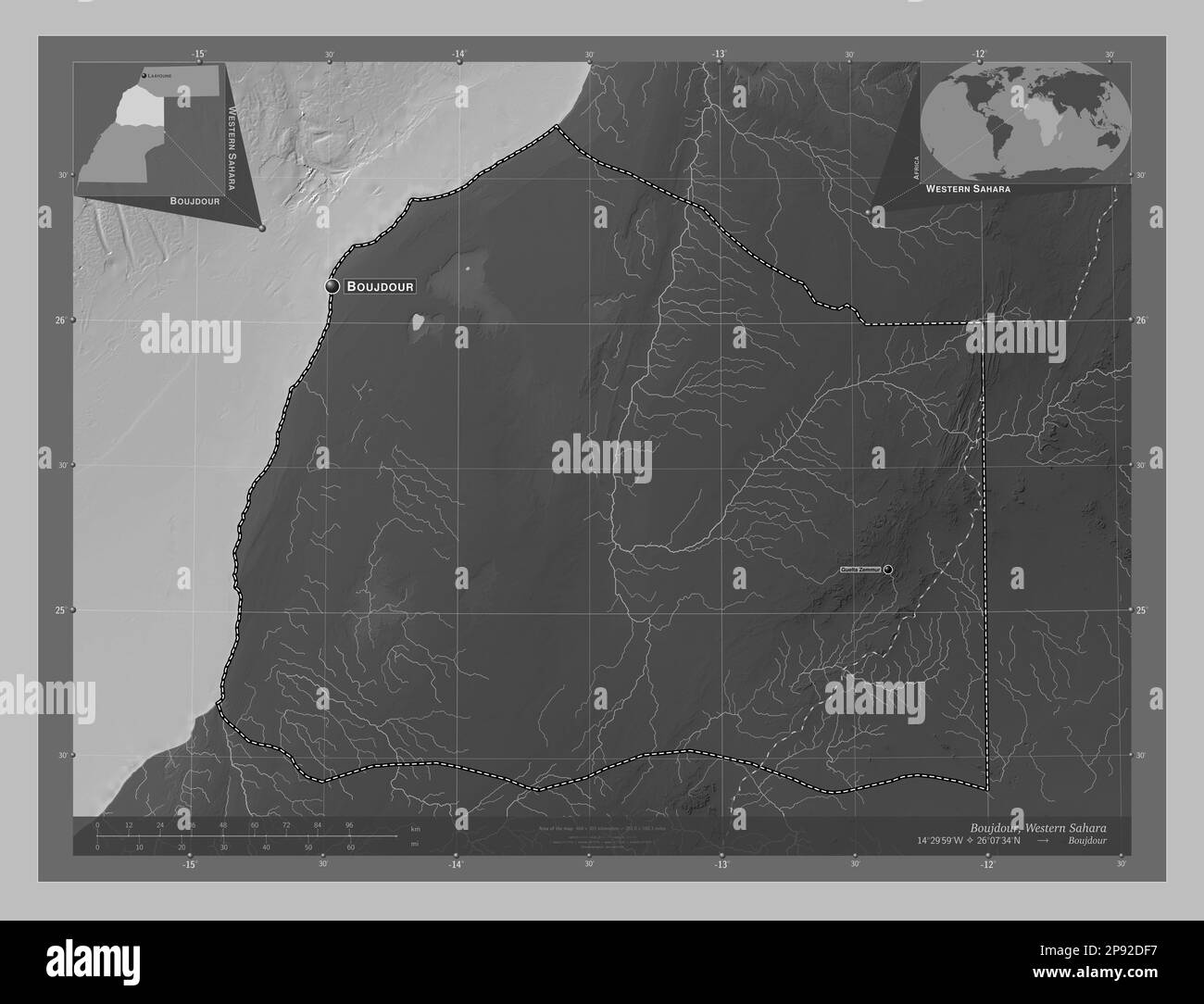 Boujdour, province of Western Sahara. Grayscale elevation map with ...