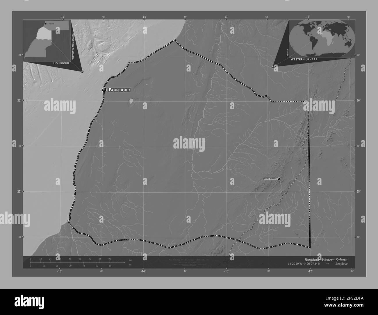 Boujdour, province of Western Sahara. Bilevel elevation map with lakes ...
