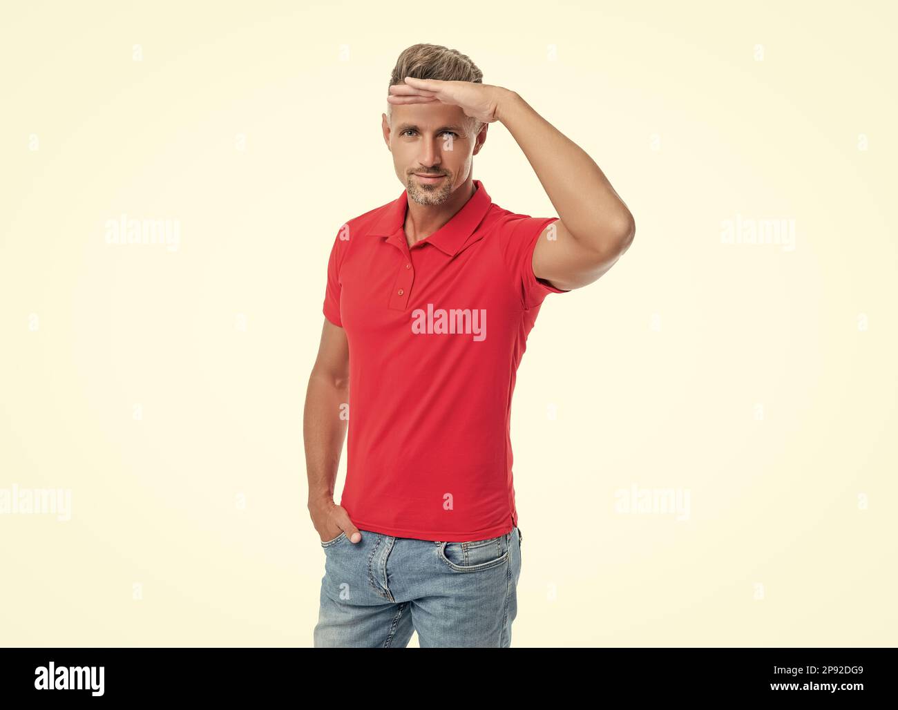 handsome man with grizzled hair in red shirt isolated on white ...