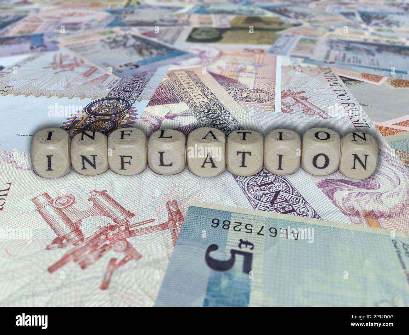 Pile various currencies jumbled stack words displayed top Inflation ...