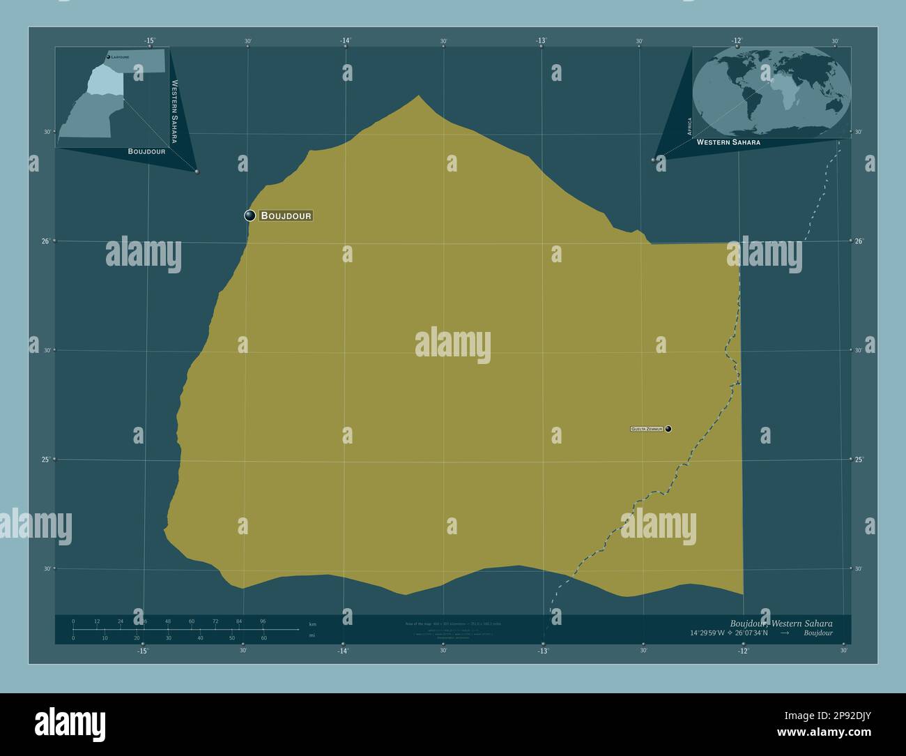 Boujdour, province of Western Sahara. Solid color shape. Locations and ...