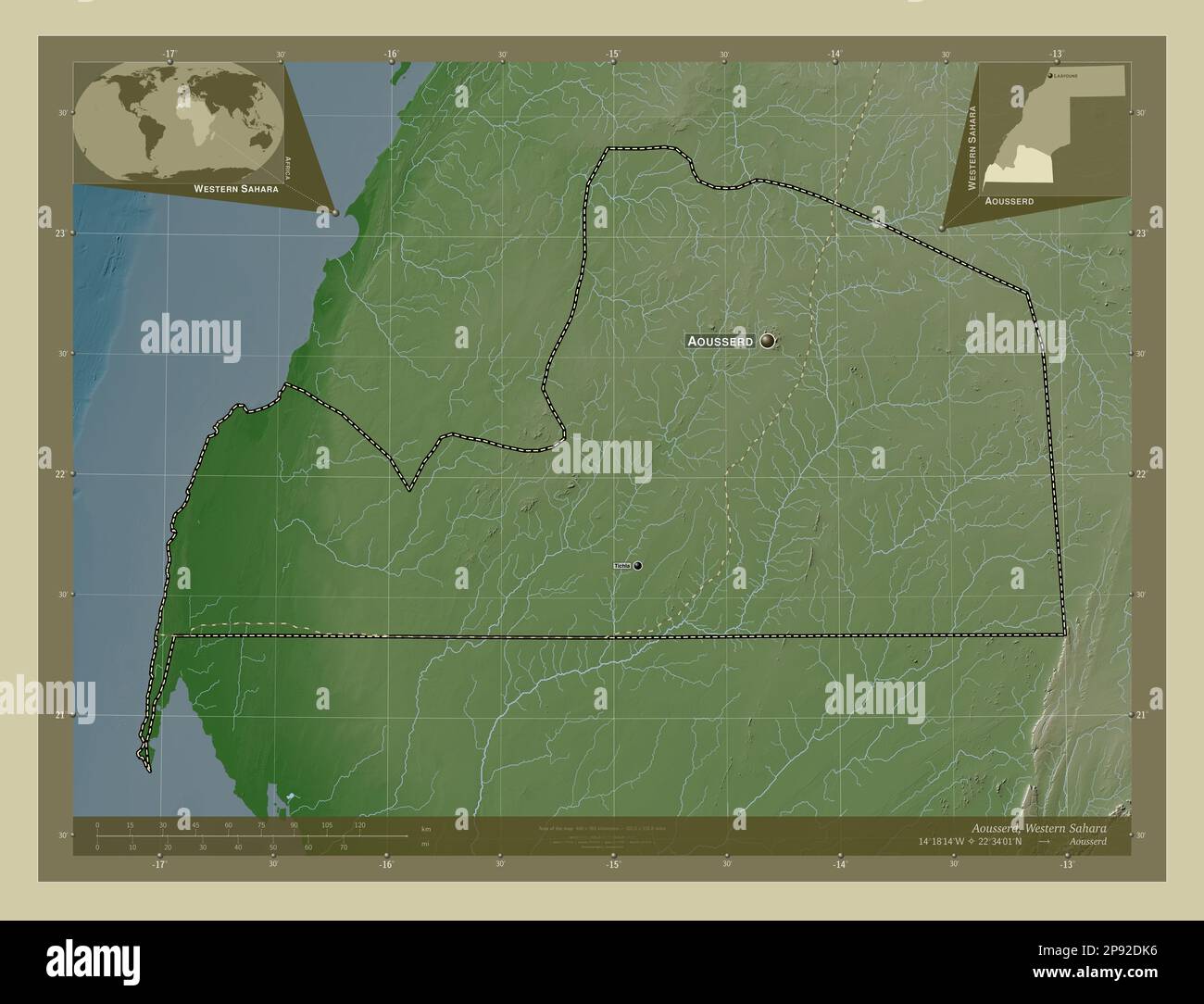 Aousserd, province of Western Sahara. Elevation map colored in wiki ...