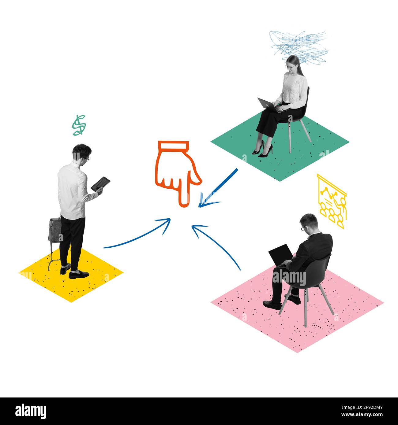 Contemporary art collage. Young people in coworking space studying ...